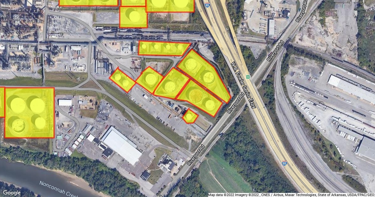 543 W Mallory Ave, Memphis, with tanks in Yellow in Mallory Ave Valero Memphis Refinery in ...